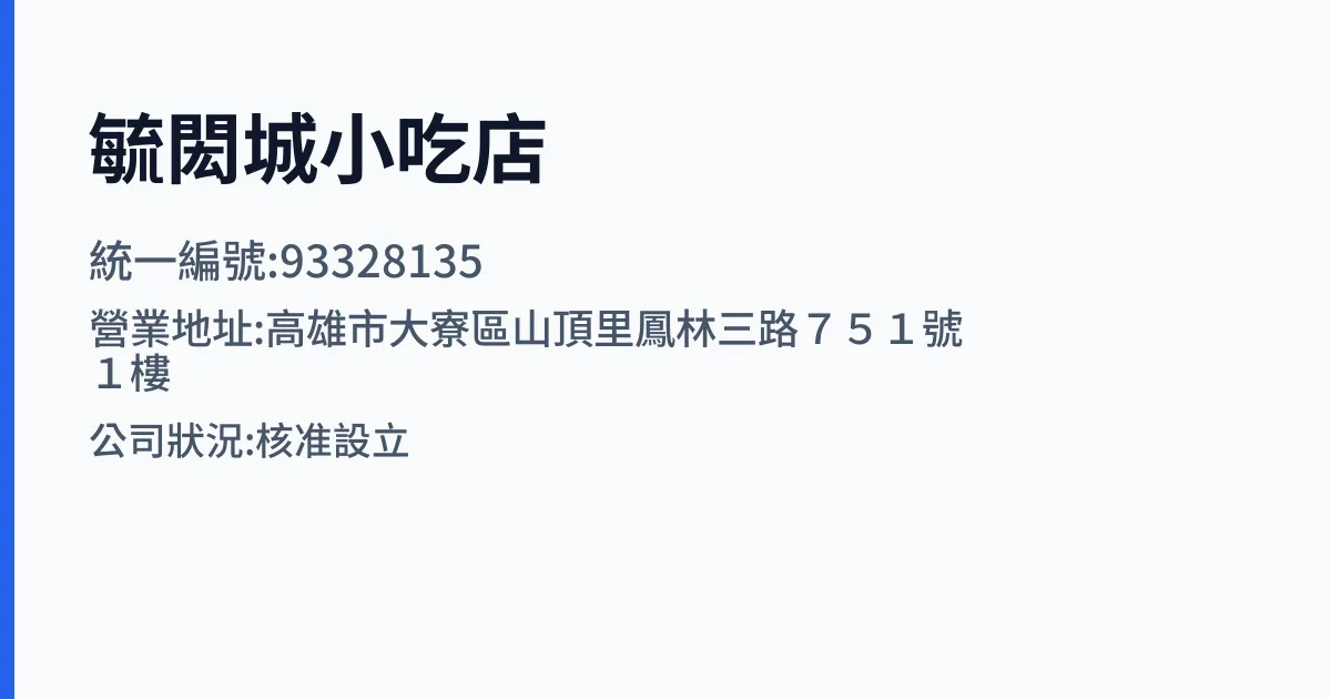 毓閎城小吃店 - 統編 93328135(高雄市) 公司登記資料與營業項目詳細圖表