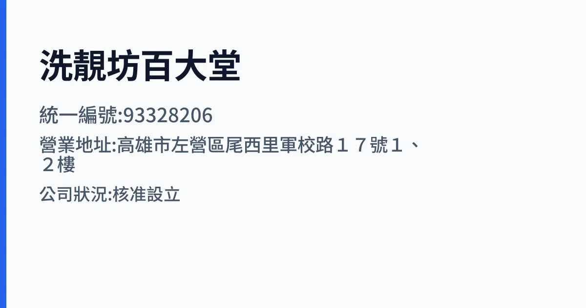洗靚坊百大堂 - 統編 93328206(高雄市) 公司登記資料與營業項目詳細圖表
