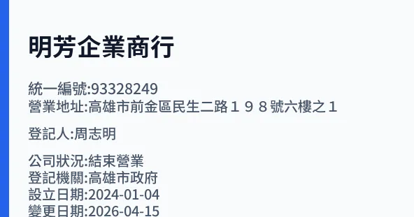 明芳企業商行的照片-統編 93328249(高雄市) 公司登記資料與營業項目詳細圖表