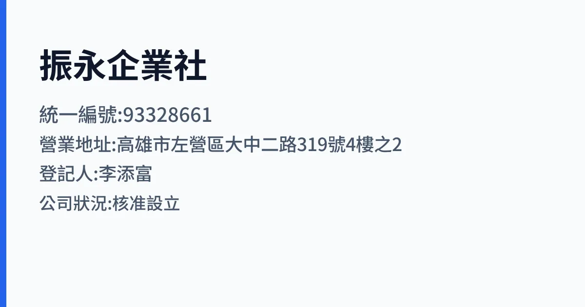 振永企業社 - 統編 93328661(高雄市) 公司登記資料與營業項目詳細圖表