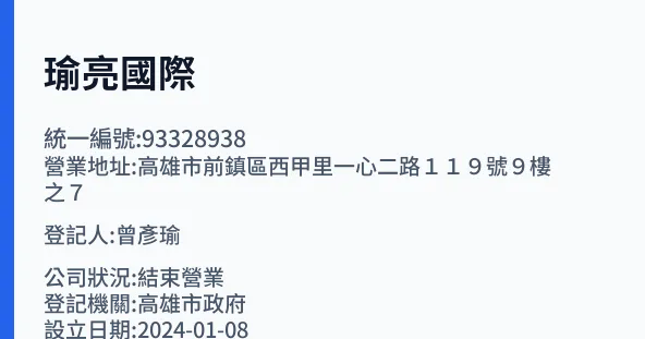 瑜亮國際的照片-統編 93328938(高雄市) 公司登記資料與營業項目詳細圖表