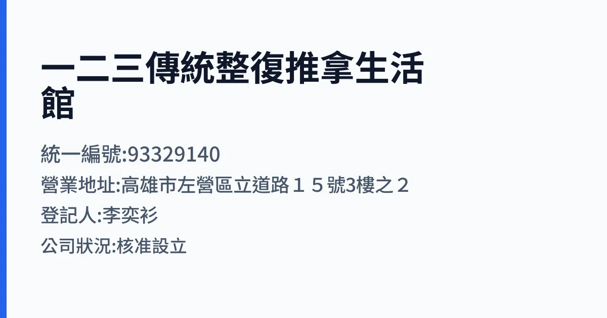 一二三傳統整復推拿生活館 - 統編 93329140(高雄市) 公司登記資料與營業項目詳細圖表