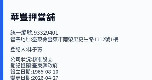 華豐押當舖的照片-統編 93329401(臺東縣) 公司登記資料與營業項目詳細圖表