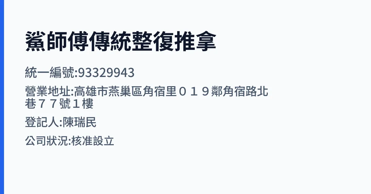 鯊師傅傳統整復推拿 - 統編 93329943(高雄市) 公司登記資料與營業項目詳細圖表
