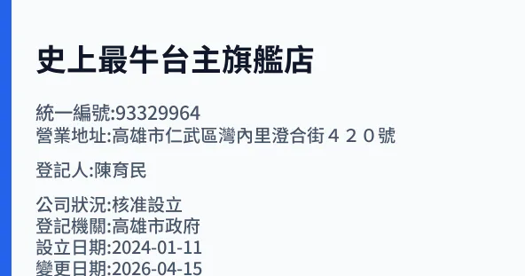 史上最牛台主旗艦店的照片-統編 93329964(高雄市) 公司登記資料與營業項目詳細圖表