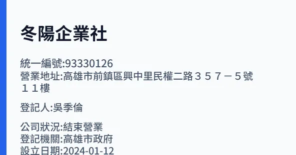冬陽企業社的照片-統編 93330126(高雄市) 公司登記資料與營業項目詳細圖表