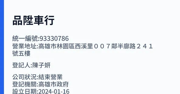 品陞車行的照片-統編 93330786(高雄市) 公司登記資料與營業項目詳細圖表