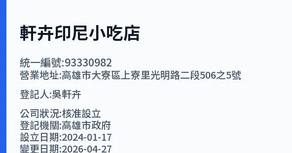 軒卉印尼小吃店的照片-統編 93330982(高雄市) 公司登記資料與營業項目詳細圖表
