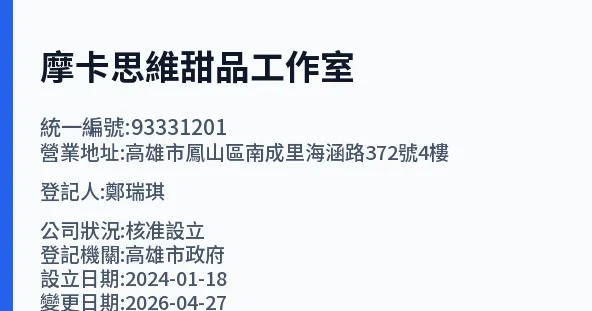 摩卡思維甜品工作室的照片-統編 93331201(高雄市) 公司登記資料與營業項目詳細圖表
