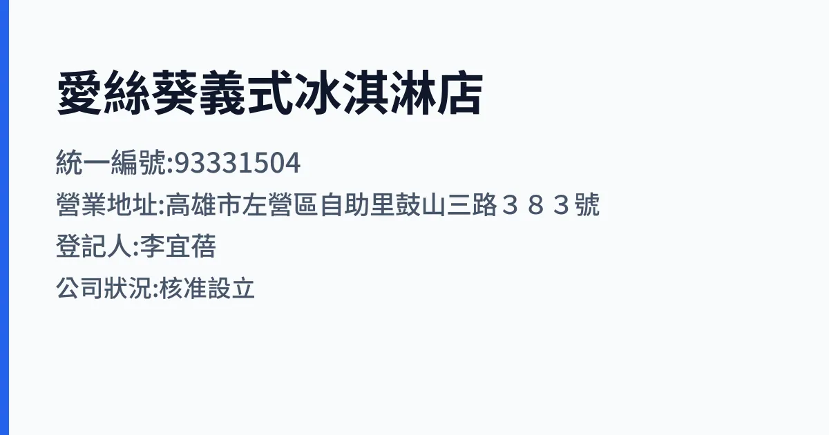愛絲葵義式冰淇淋店 - 統編 93331504(高雄市) 公司登記資料與營業項目詳細圖表