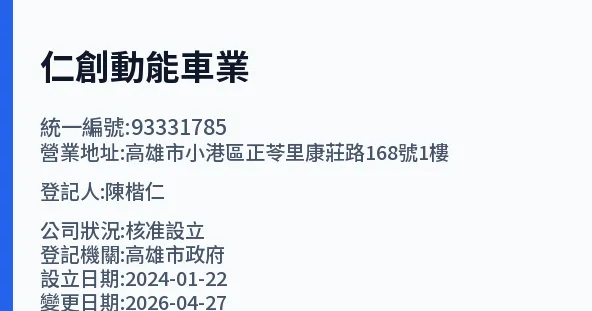 仁創動能車業的照片-統編 93331785(高雄市) 公司登記資料與營業項目詳細圖表
