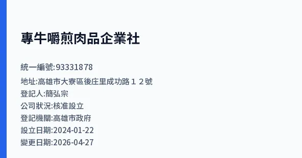 專牛嚼煎肉品企業社的照片-統編 93331878(高雄市) 公司登記資料與營業項目詳細圖表