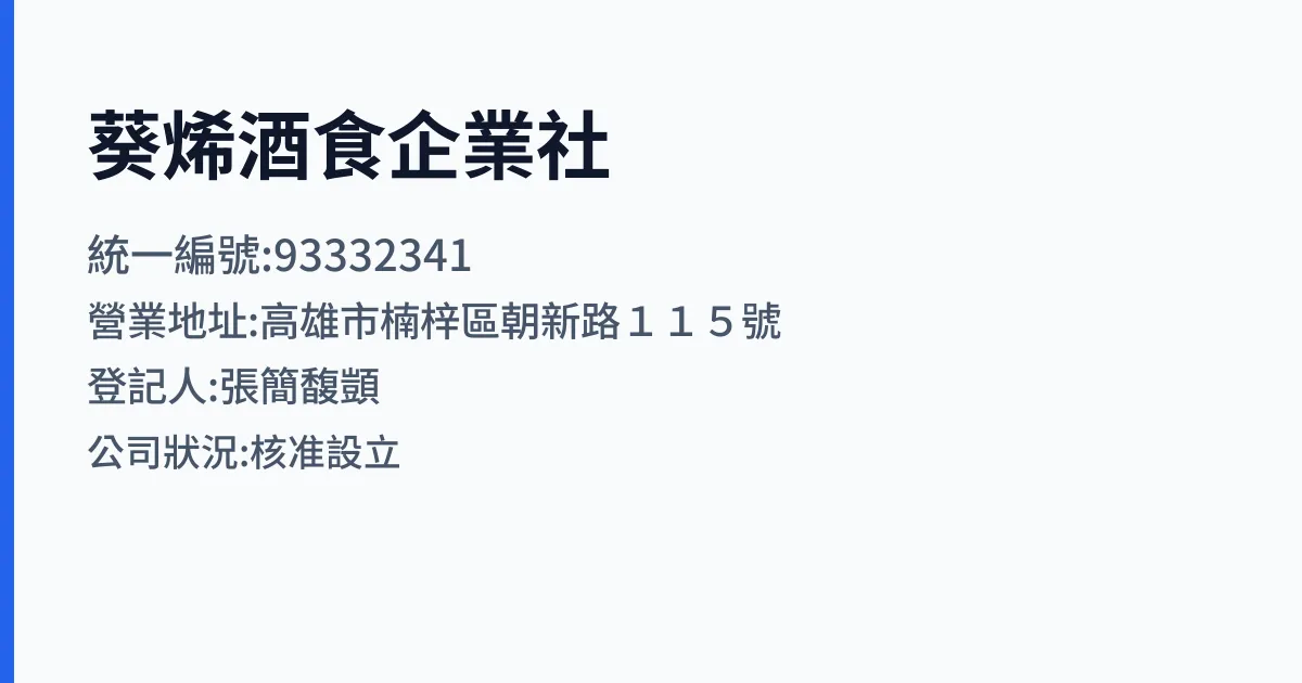 葵烯酒食企業社 - 統編 93332341(高雄市) 公司登記資料與營業項目詳細圖表