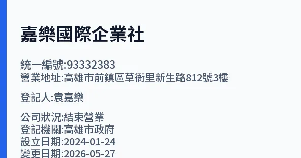 嘉樂國際企業社的照片-統編 93332383(高雄市) 公司登記資料與營業項目詳細圖表