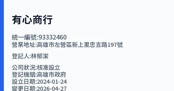 有心商行的照片-統編 93332460(高雄市) 公司登記資料與營業項目詳細圖表