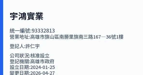 宇鴻實業的照片-統編 93332813(高雄市) 公司登記資料與營業項目詳細圖表