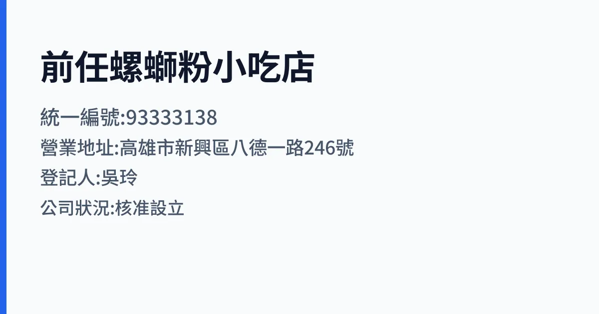 前任螺螄粉小吃店 - 統編 93333138(高雄市) 公司登記資料與營業項目詳細圖表