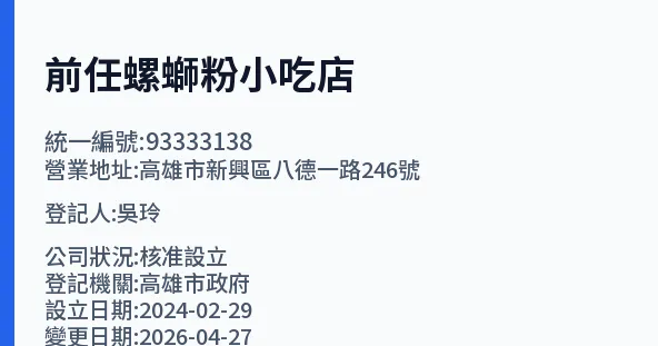前任螺螄粉小吃店的照片-統編 93333138(高雄市) 公司登記資料與營業項目詳細圖表