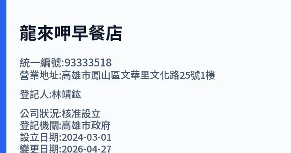 龍來呷早餐店的照片-統編 93333518(高雄市) 公司登記資料與營業項目詳細圖表