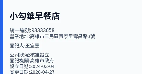 小勾錐早餐店的照片-統編 93333658(高雄市) 公司登記資料與營業項目詳細圖表