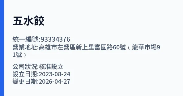 五水餃的照片-統編 93334376(高雄市) 公司登記資料與營業項目詳細圖表