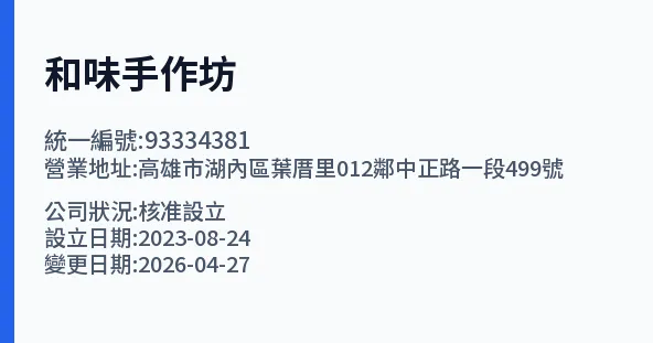 和味手作坊的照片-統編 93334381(高雄市) 公司登記資料與營業項目詳細圖表