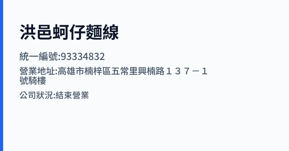 洪邑蚵仔麵線 - 統編 93334832(高雄市) 公司登記資料與營業項目詳細圖表