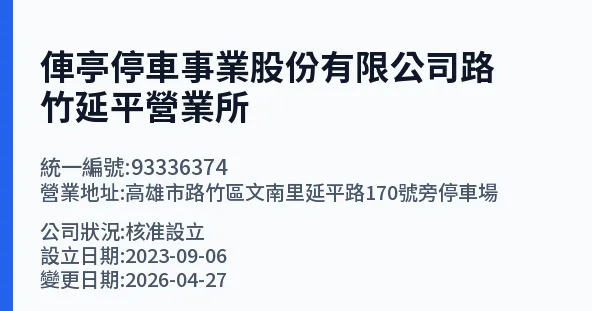 俥亭停車事業股份有限公司路竹延平營業所的照片-統編 93336374(高雄市) 公司登記資料與營業項目詳細圖表