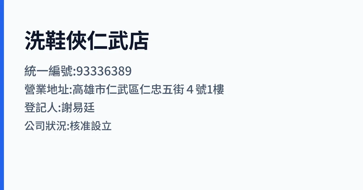 洗鞋俠仁武店 - 統編 93336389(高雄市) 公司登記資料與營業項目詳細圖表