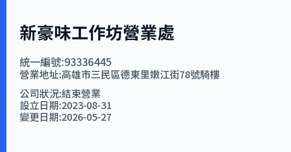 新豪味工作坊營業處的照片-統編 93336445(高雄市) 公司登記資料與營業項目詳細圖表