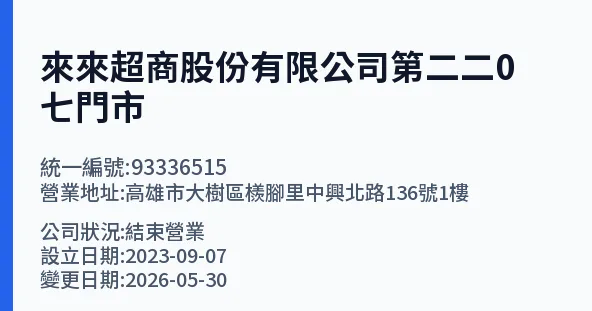 來來超商股份有限公司第二二0七門市的照片-統編 93336515(高雄市) 公司登記資料與營業項目詳細圖表