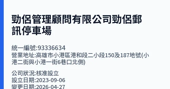 勁侶管理顧問有限公司勁侶郵訊停車場的照片-統編 93336634(高雄市) 公司登記資料與營業項目詳細圖表