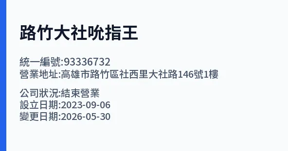 路竹大社吮指王的照片-統編 93336732(高雄市) 公司登記資料與營業項目詳細圖表