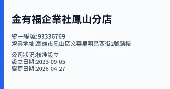 金有福企業社鳳山分店的照片-統編 93336769(高雄市) 公司登記資料與營業項目詳細圖表