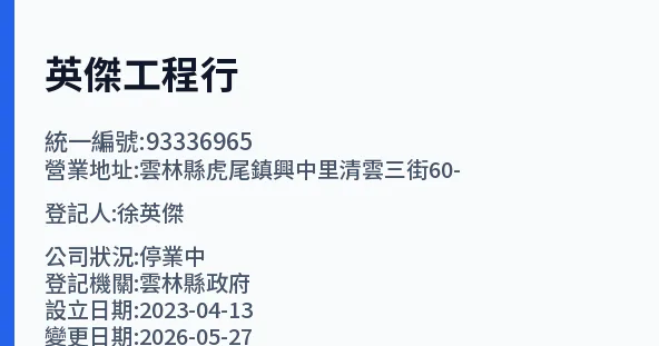 英傑工程行的照片-統編 93336965(雲林縣) 公司登記資料與營業項目詳細圖表