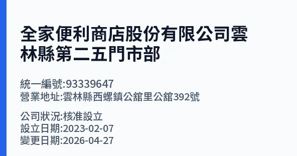 全家便利商店股份有限公司雲林縣第二五門市部的照片-統編 93339647(雲林縣) 公司登記資料與營業項目詳細圖表