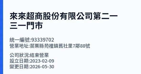 來來超商股份有限公司第二一三一門市的照片-統編 93339702(苗栗縣) 公司登記資料與營業項目詳細圖表