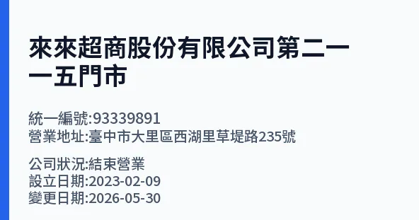 來來超商股份有限公司第二一一五門市的照片-統編 93339891(臺中市) 公司登記資料與營業項目詳細圖表