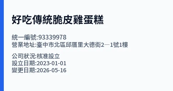 好吃傳統脆皮雞蛋糕的照片-統編 93339978(臺中市) 公司登記資料與營業項目詳細圖表