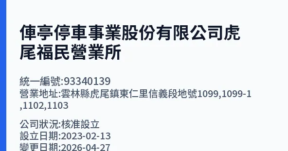 俥亭停車事業股份有限公司虎尾福民營業所的照片-統編 93340139(雲林縣) 公司登記資料與營業項目詳細圖表