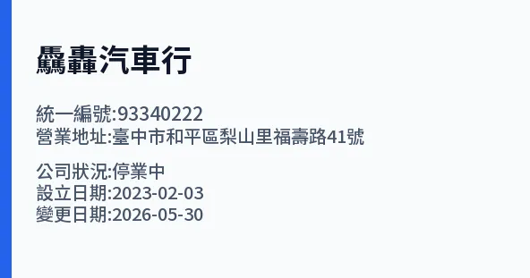 驫轟汽車行的照片-統編 93340222(臺中市) 公司登記資料與營業項目詳細圖表