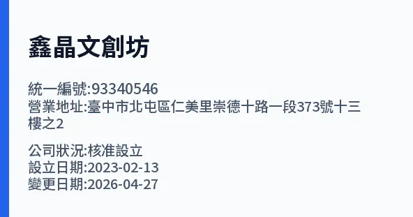 鑫晶文創坊的照片-統編 93340546(臺中市) 公司登記資料與營業項目詳細圖表