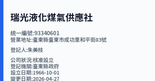 瑞光液化煤氣供應社的照片-統編 93340601(臺東縣) 公司登記資料與營業項目詳細圖表