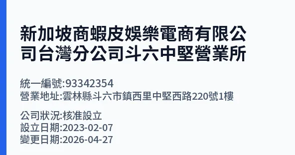 新加坡商蝦皮娛樂電商有限公司台灣分公司斗六中堅營業所的照片-統編 93342354(雲林縣) 公司登記資料與營業項目詳細圖表