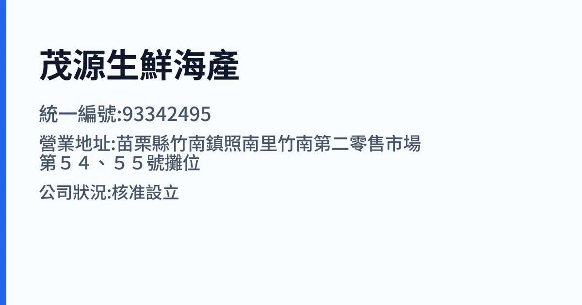 茂源生鮮海產 - 統編 93342495(苗栗縣) 公司登記資料與營業項目詳細圖表