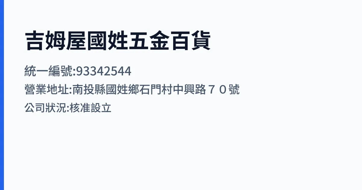 吉姆屋國姓五金百貨 - 統編 93342544(南投縣) 公司登記資料與營業項目詳細圖表
