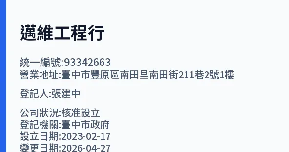 邁維工程行的照片-統編 93342663(臺中市) 公司登記資料與營業項目詳細圖表