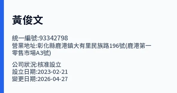黃俊文的照片-統編 93342798(彰化縣) 公司登記資料與營業項目詳細圖表