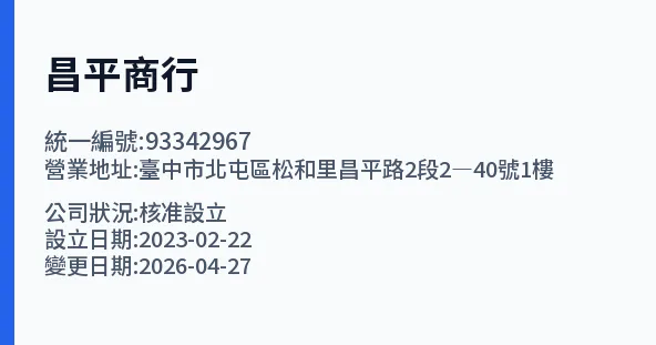 昌平商行的照片-統編 93342967(臺中市) 公司登記資料與營業項目詳細圖表