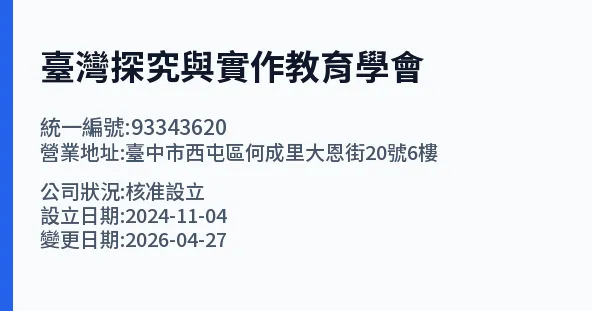 臺灣探究與實作教育學會的照片-統編 93343620(臺中市) 公司登記資料與營業項目詳細圖表